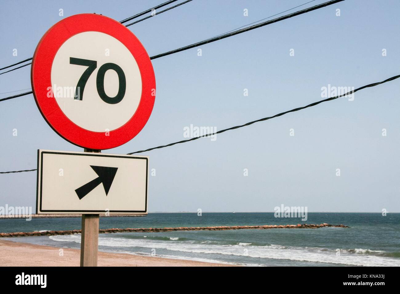Traffic sign outdoors. Round speed limit road sign on the road beside ...