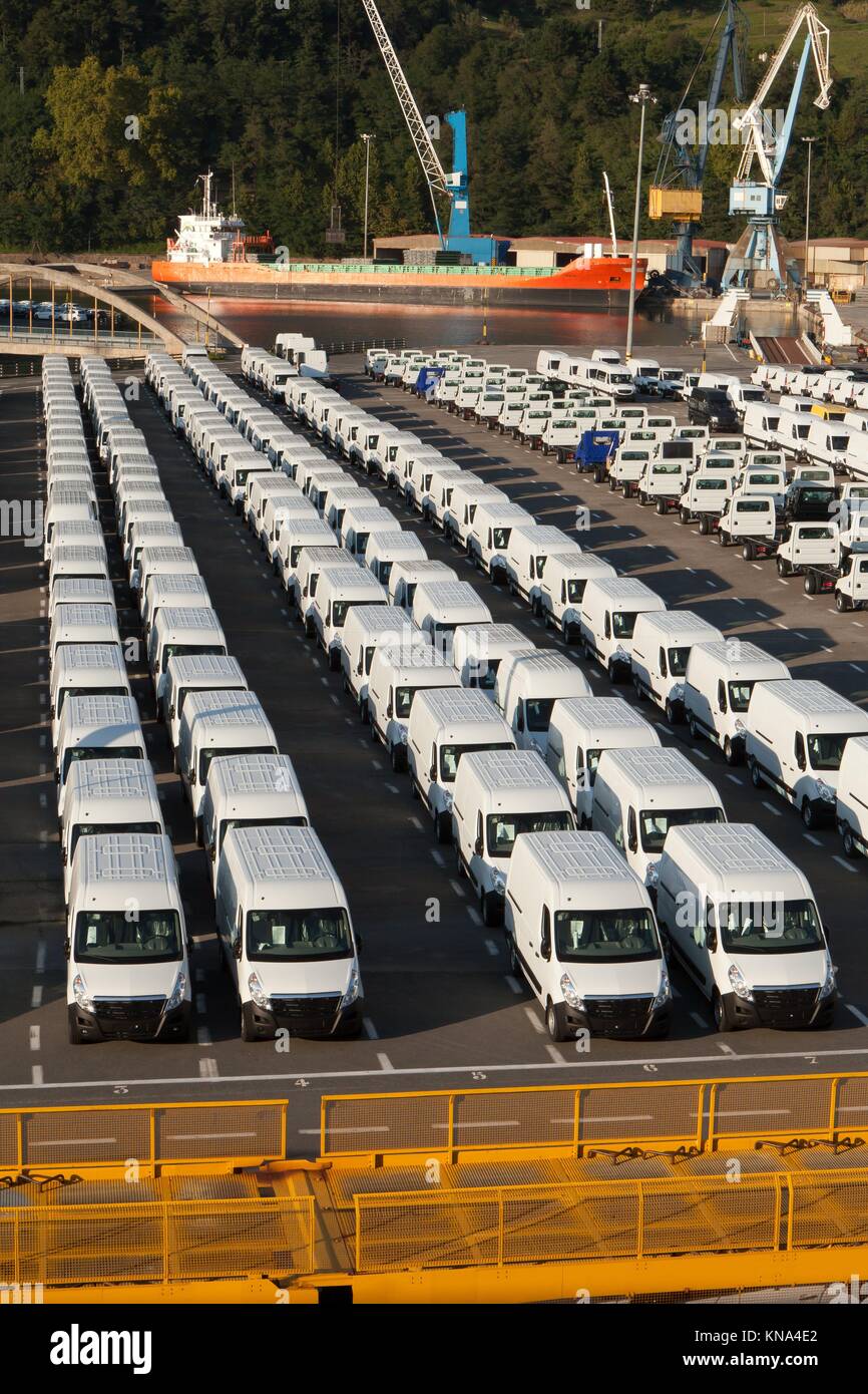 New vehicles waiting to be loaded on ships for export. Port of Pasajes ...