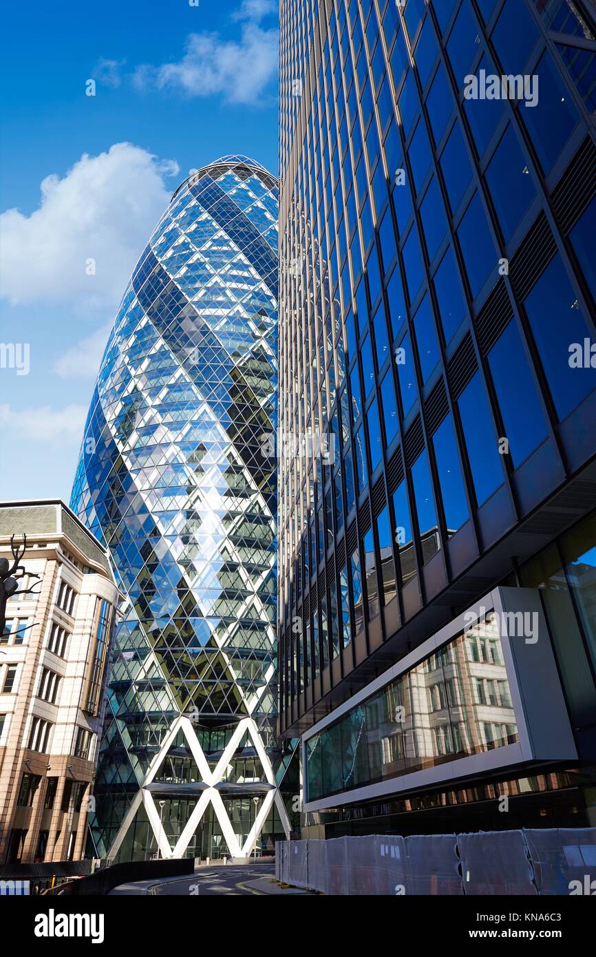 London financial district street Square Mile with Gherkin building ...