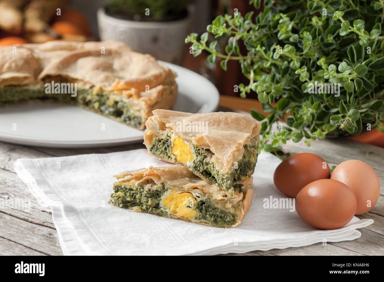 Savory pie with chard and eggs, typical spring recipe Stock Photo - Alamy