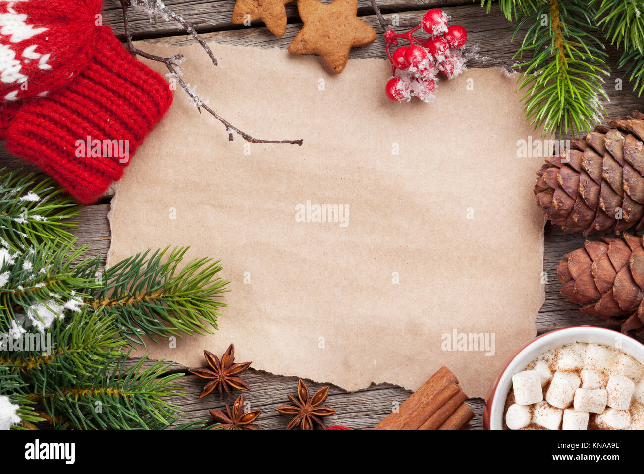 Piece of paper for christmas wishes, coffee and snow xmas tree. Top ...