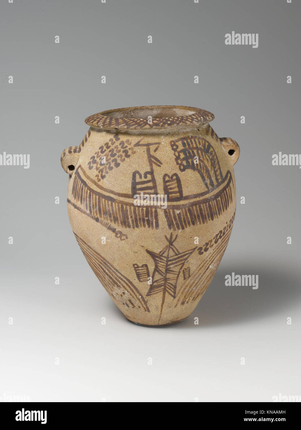 This decorated ware jar features scenes of boats and trees, providing a ...