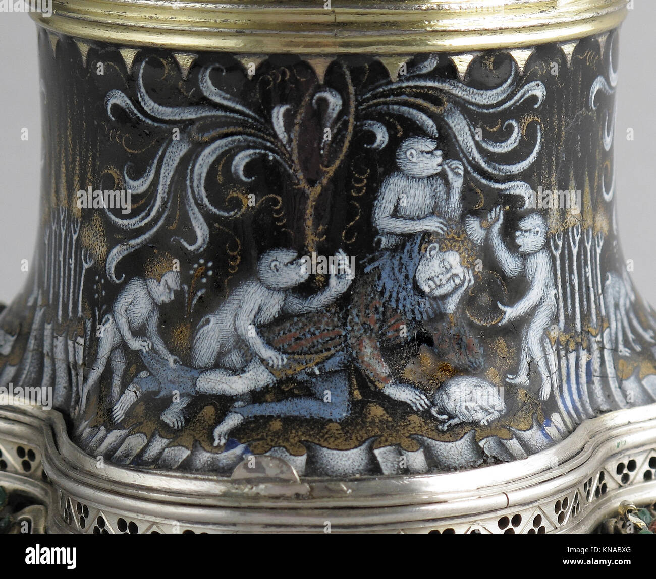 This beaker features intricate designs of apes, showcasing both ...