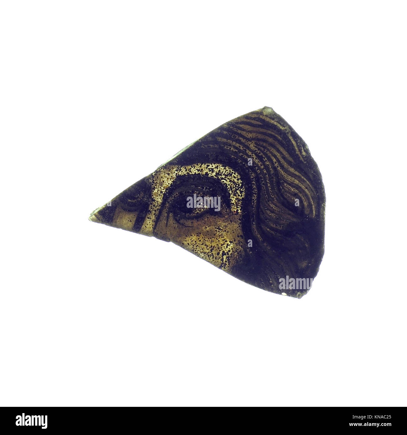 This fragment, made of pot-metal glass and vitreous paint, is a piece ...