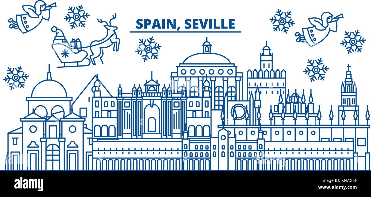 Spain, Seville winter city skyline. Merry Christmas, Happy New Year ...