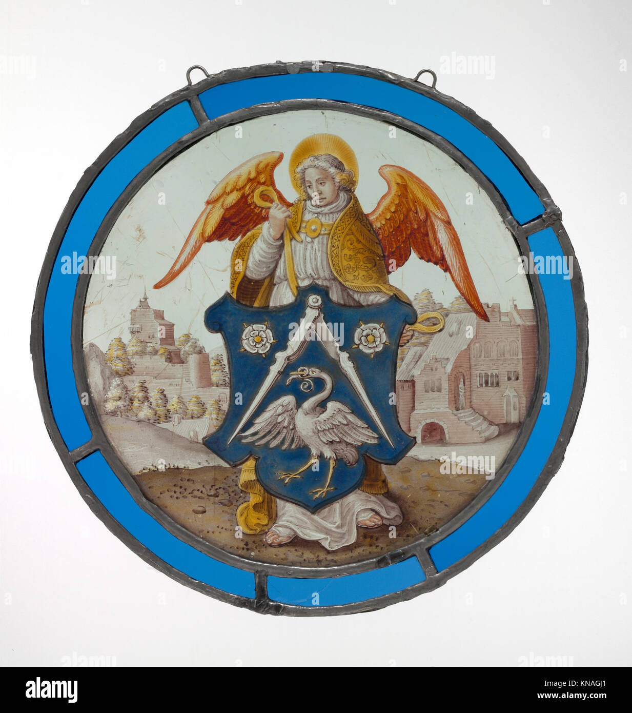 This artwork presents an angel holding a heraldic shield, blending ...