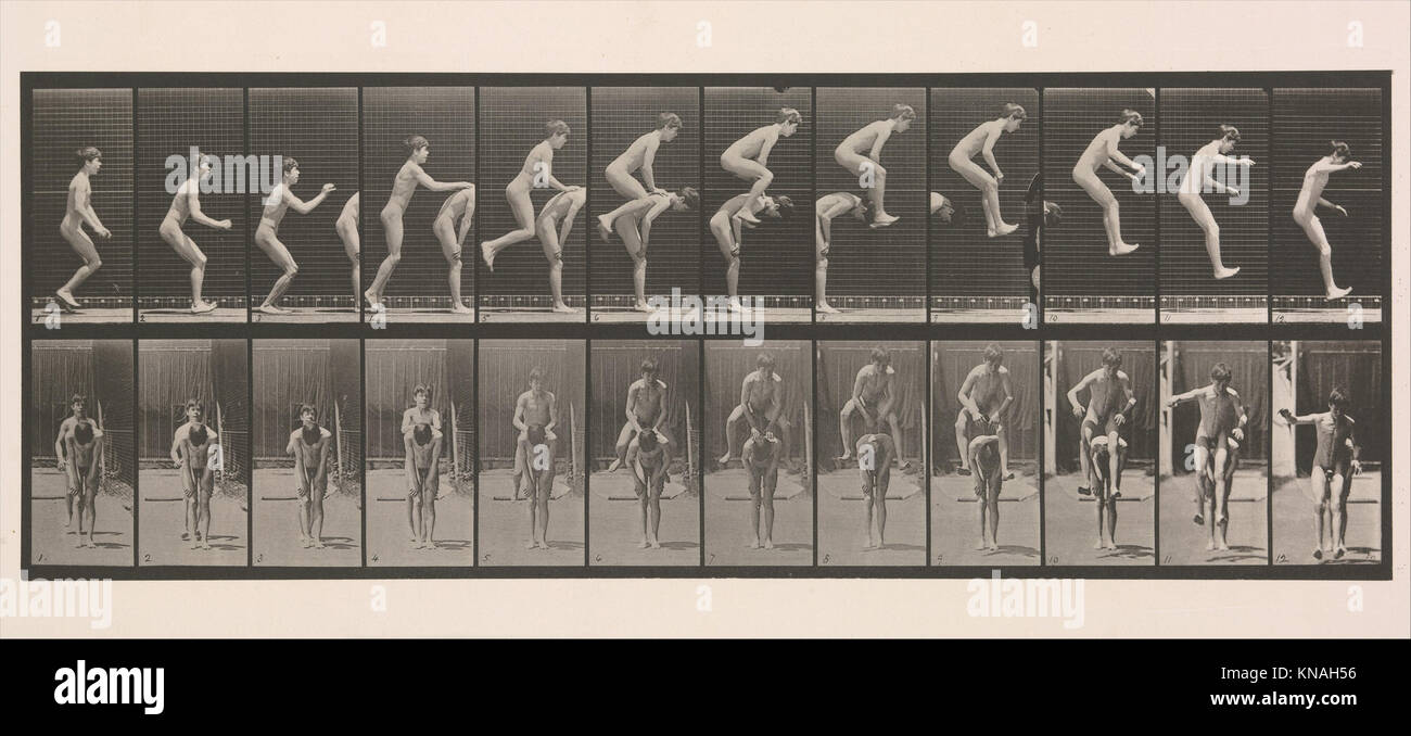 This artwork captures a playful scene of boys playing leapfrog ...