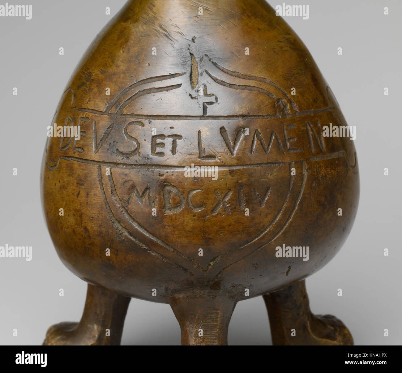 An aquamanile, a medieval watering vessel, in the form of a gourd with ...