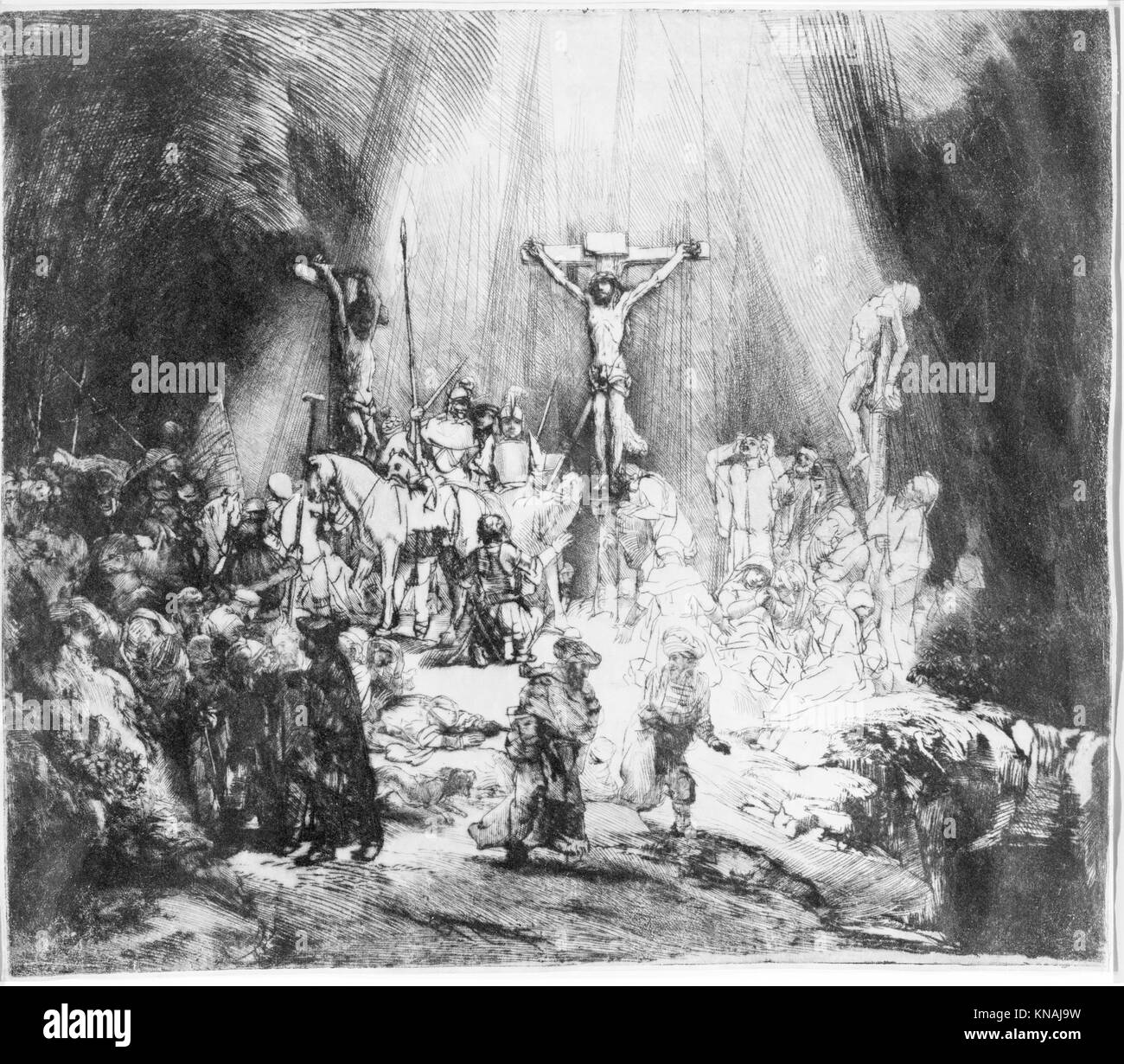 This artwork depicts Christ crucified between the two thieves ...