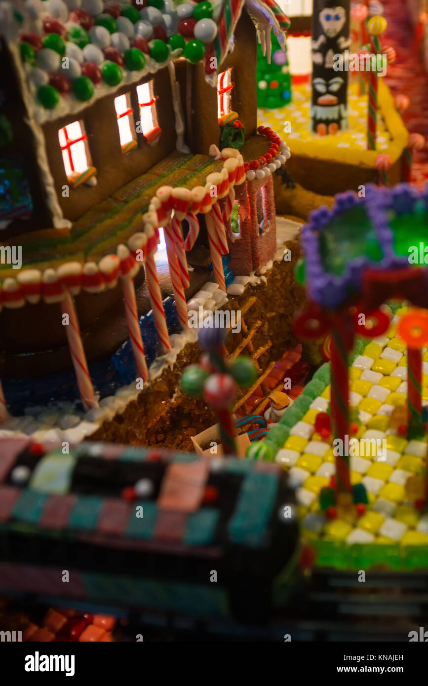 Close-up details of gingerbread town with houses, office building ...
