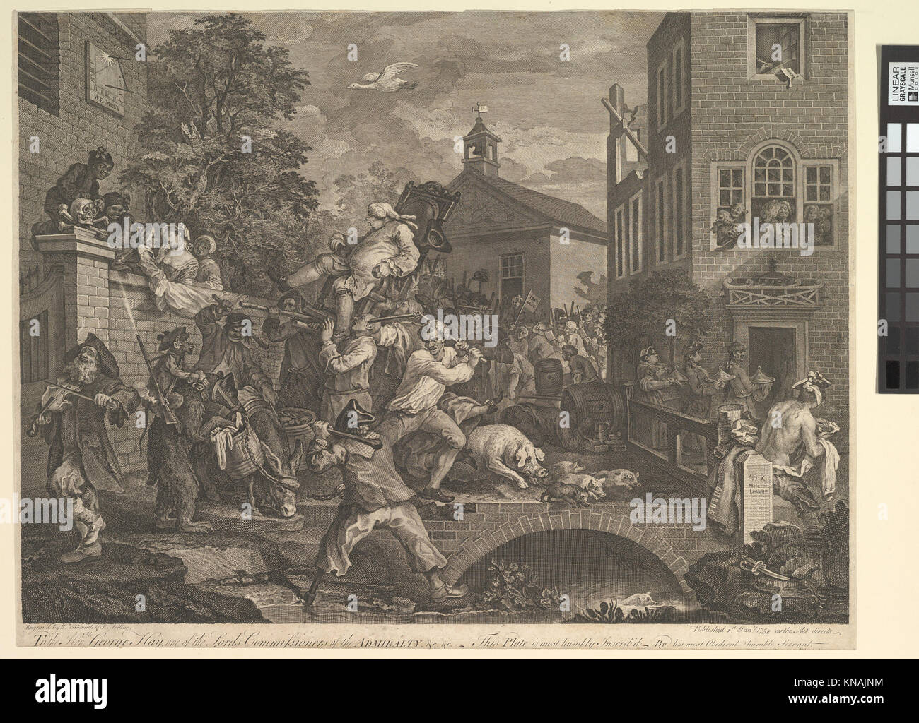 This print illustrates the election process, depicting political ...