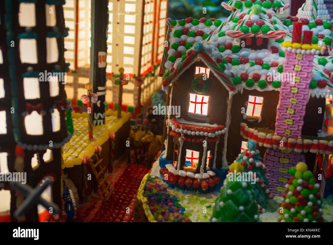 Close-up details of gingerbread town of houses, office building ...