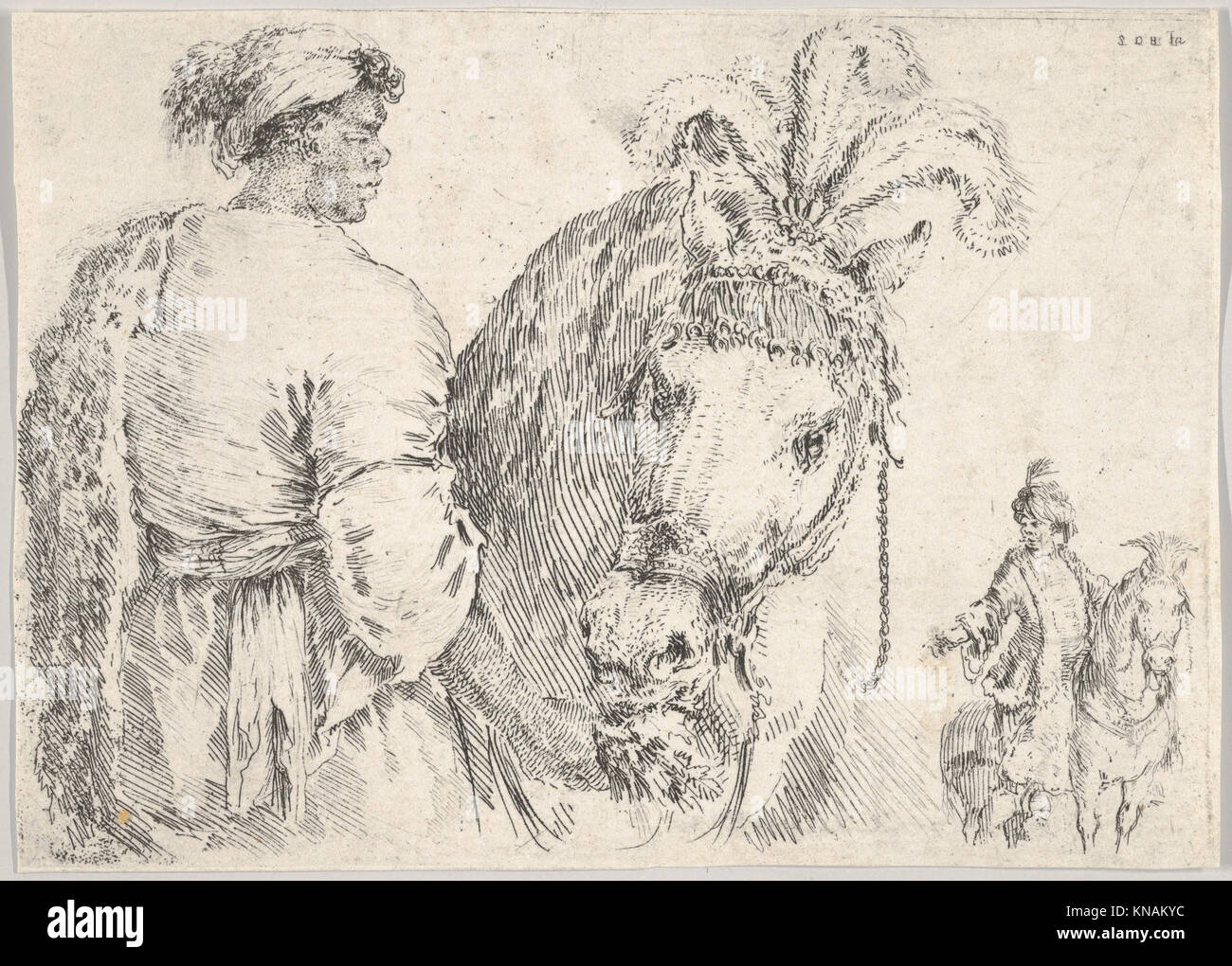 A scene depicting a man giving hay to a horse, with a horseman visible ...