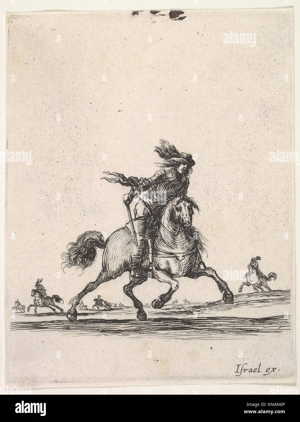 This artwork depicts a horseman galloping, sword in hand, with other ...