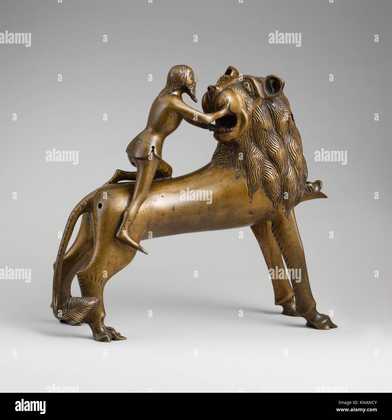 This aquamanile depicting Samson fighting the lion demonstrates ...