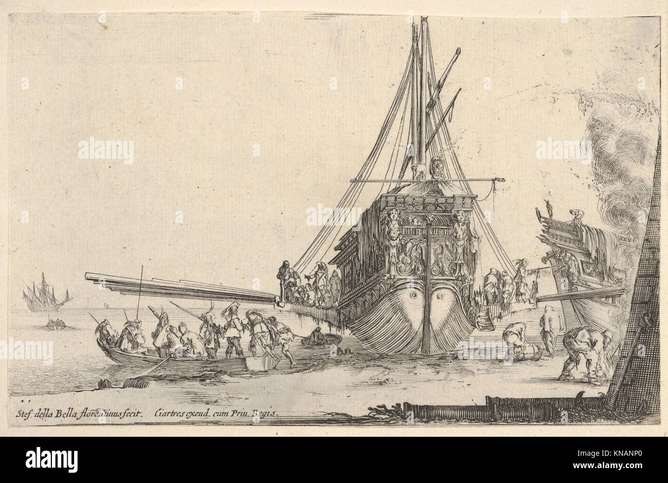 This illustration depicts a scene of maritime activity with a galley ...