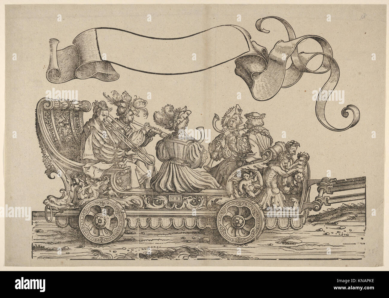 This illustration shows a cart with horn musicians as part of the ...