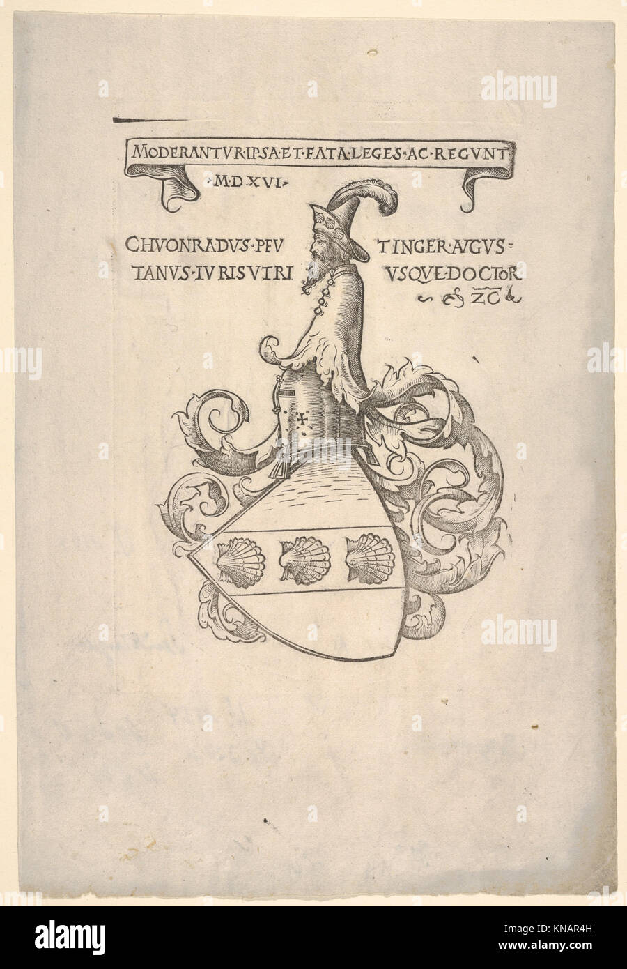 A bookplate featuring the coat of arms of Konrad Peutinger, a 16th ...