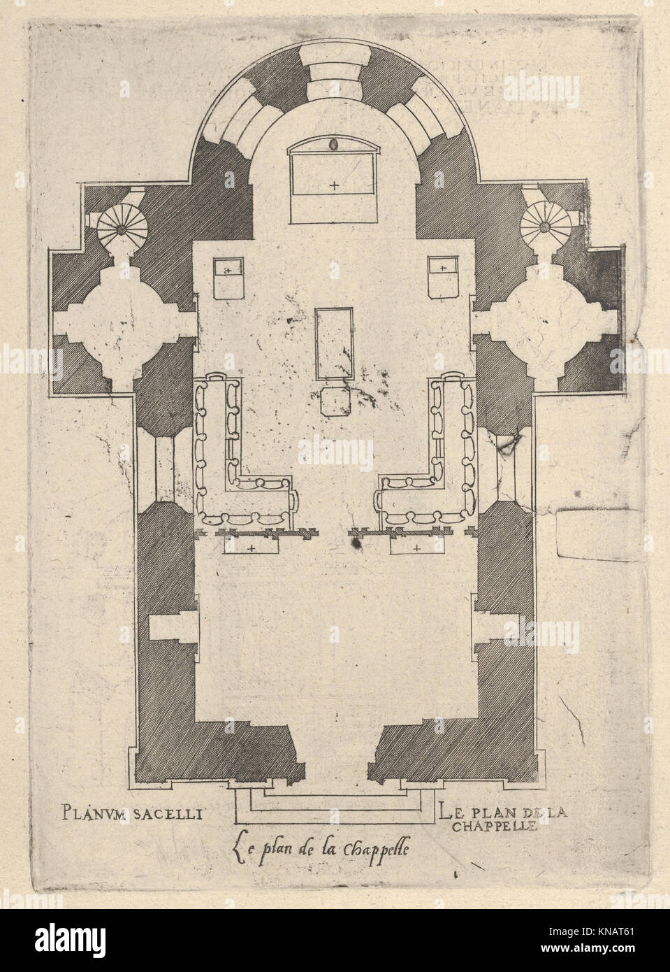 This drawing shows the floorplan, facade, and cross section of a chapel ...