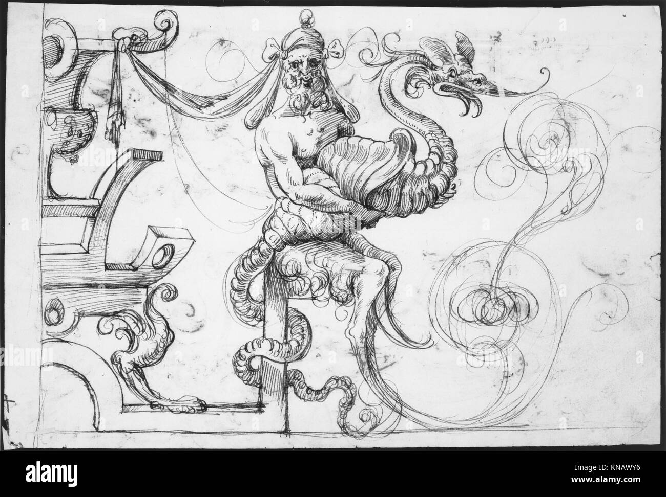 This design features a frieze with strapwork and a satyr holding a ...