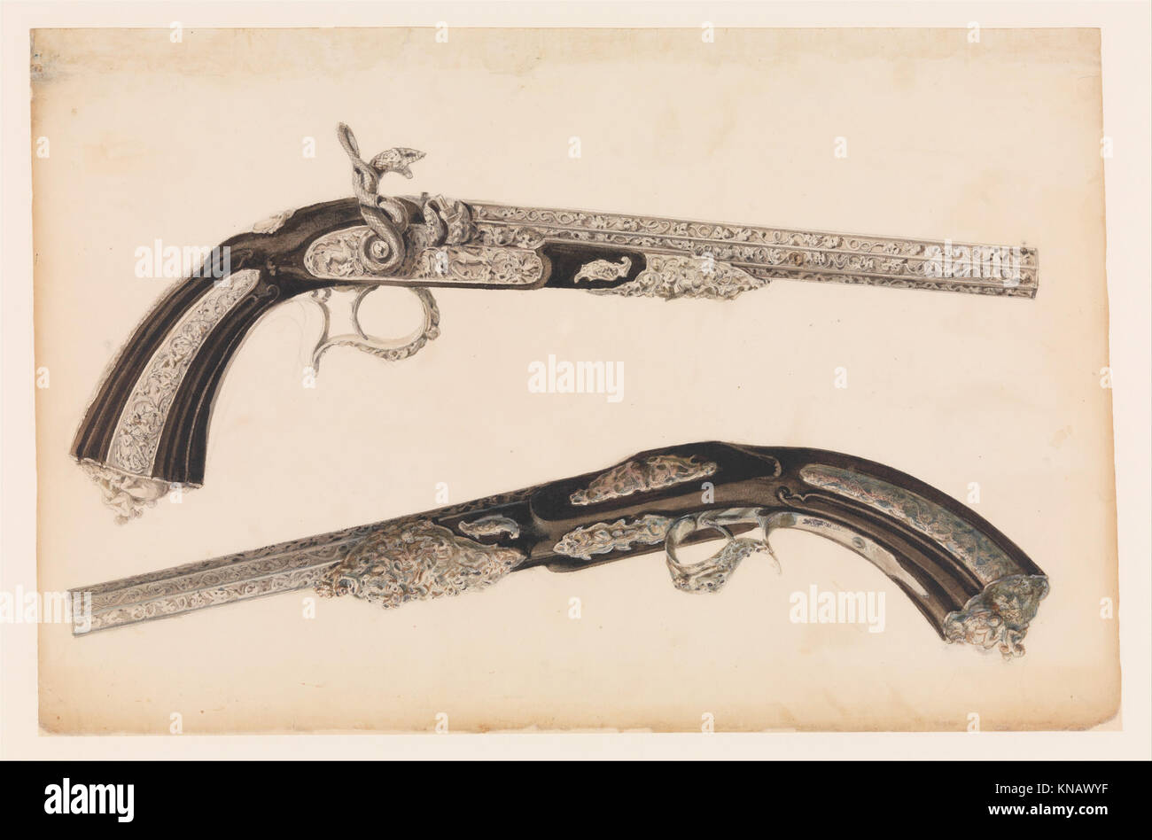 These designs illustrate ornamental elements for swords and firearms ...