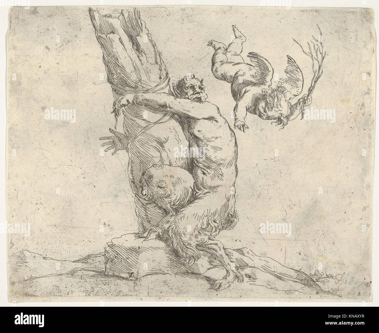 This artwork depicts a winged putto flogging a satyr tied to a tree ...