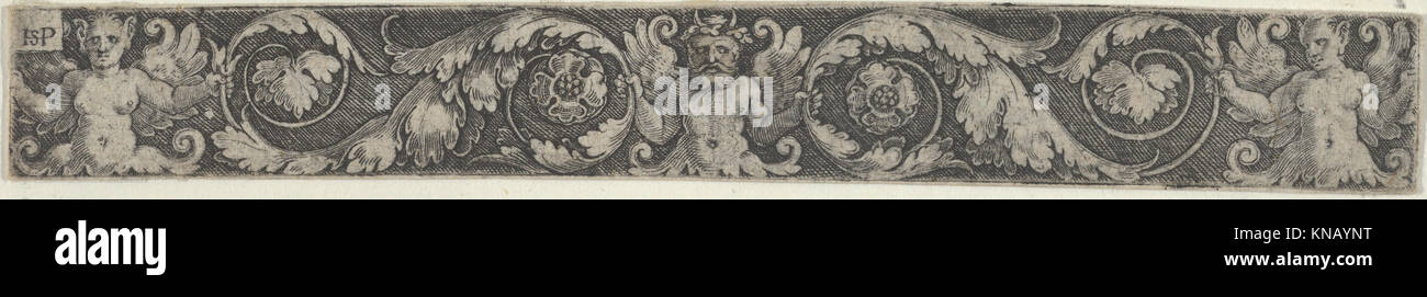 A frieze showing a horned male figure flanked by winged female figures ...