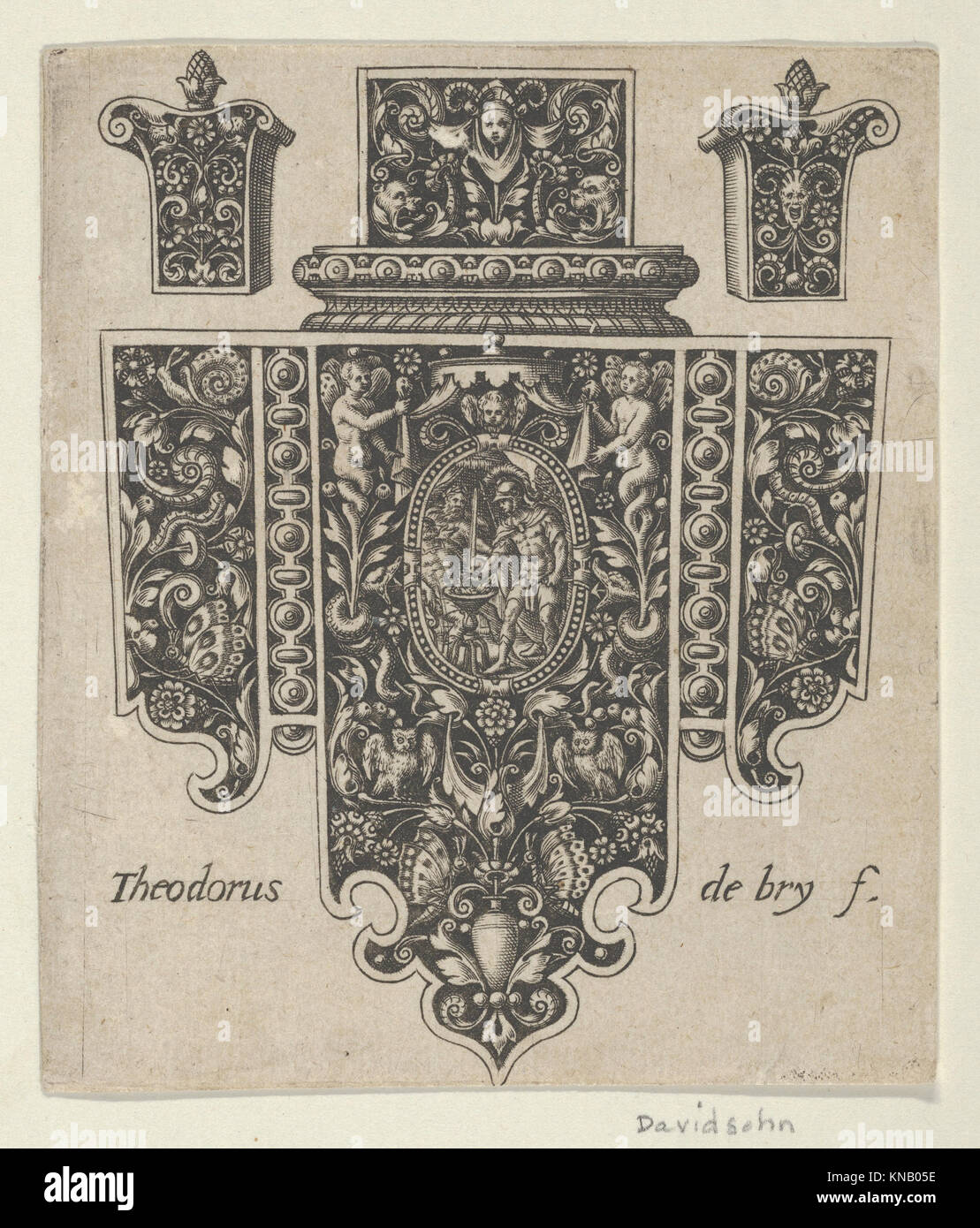 This design illustrates a decorative handle for a sword or dagger ...