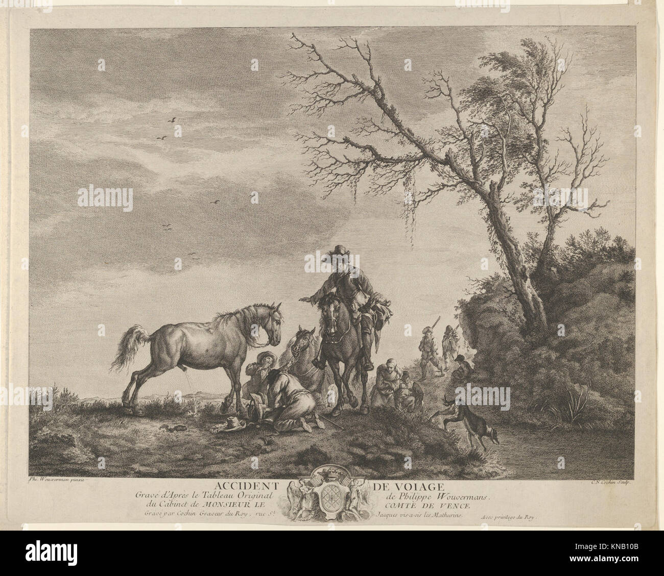 This artwork depicts an accident while traveling, showing a kneeling ...