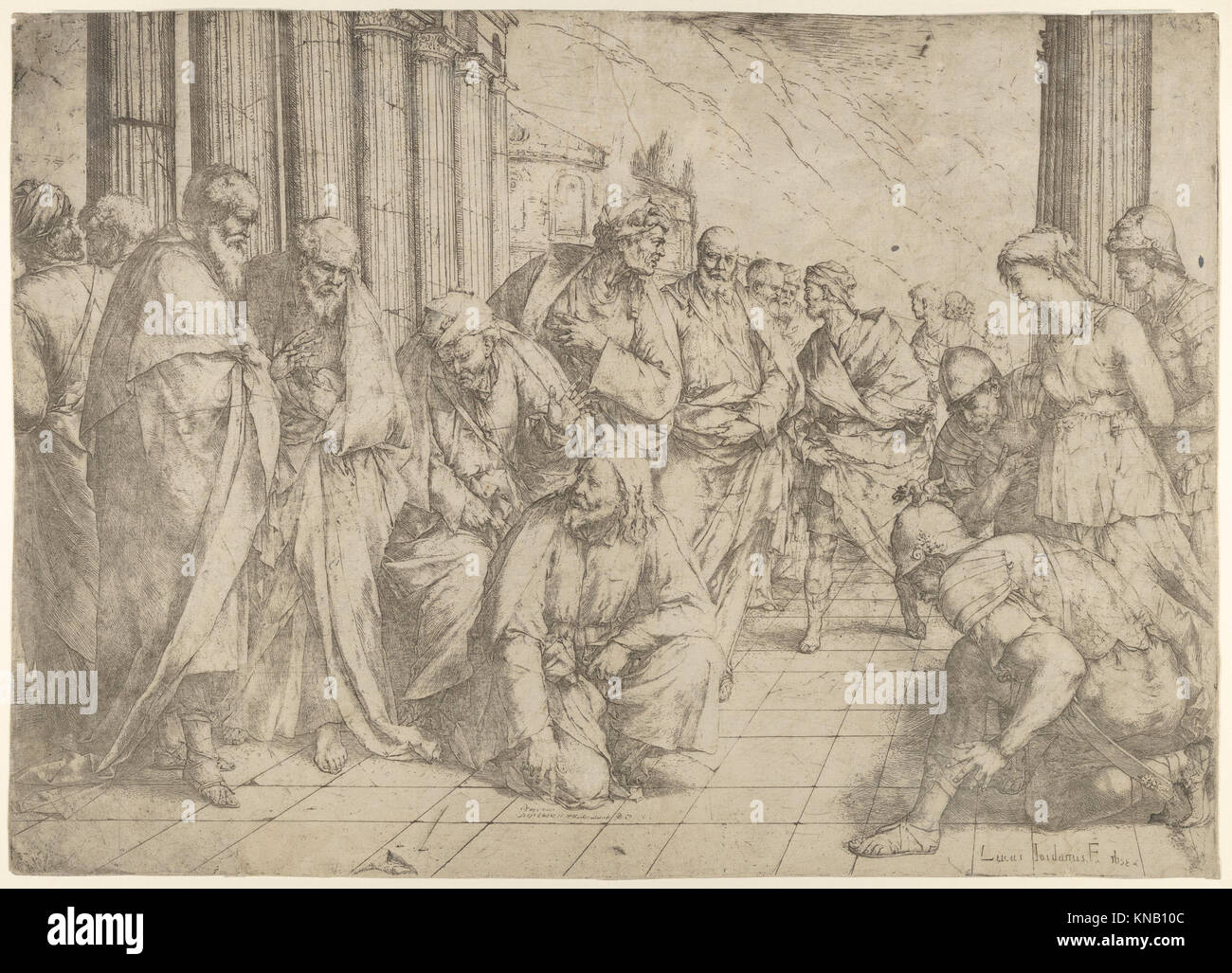 This artwork depicts Christ kneeling and writing on the pavement as the ...