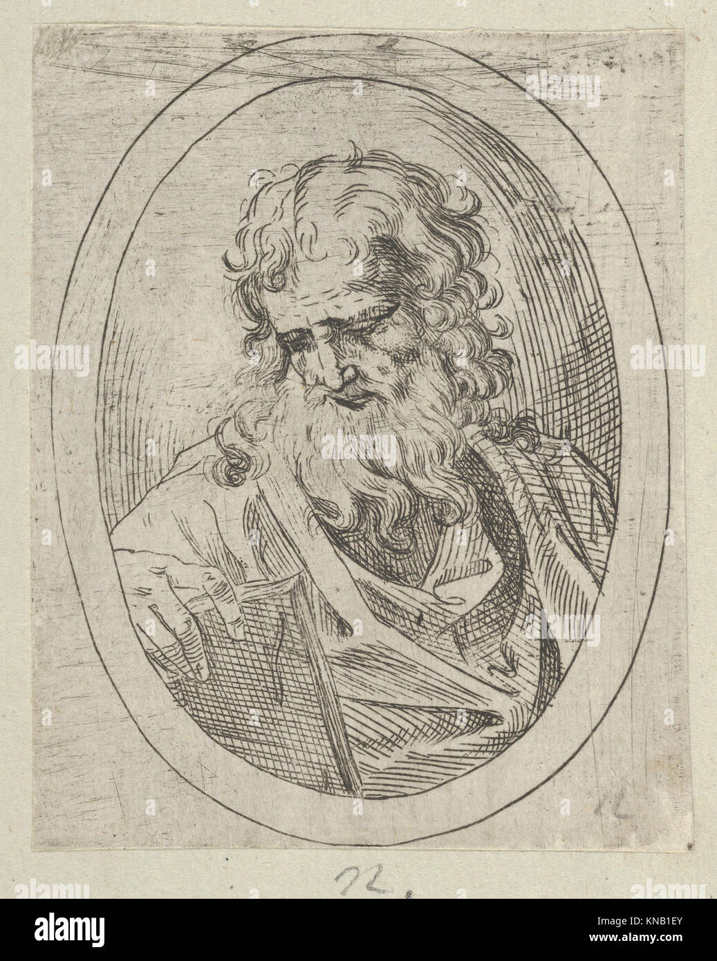 An apostle with a long beard looking down at an open book, in an oval ...