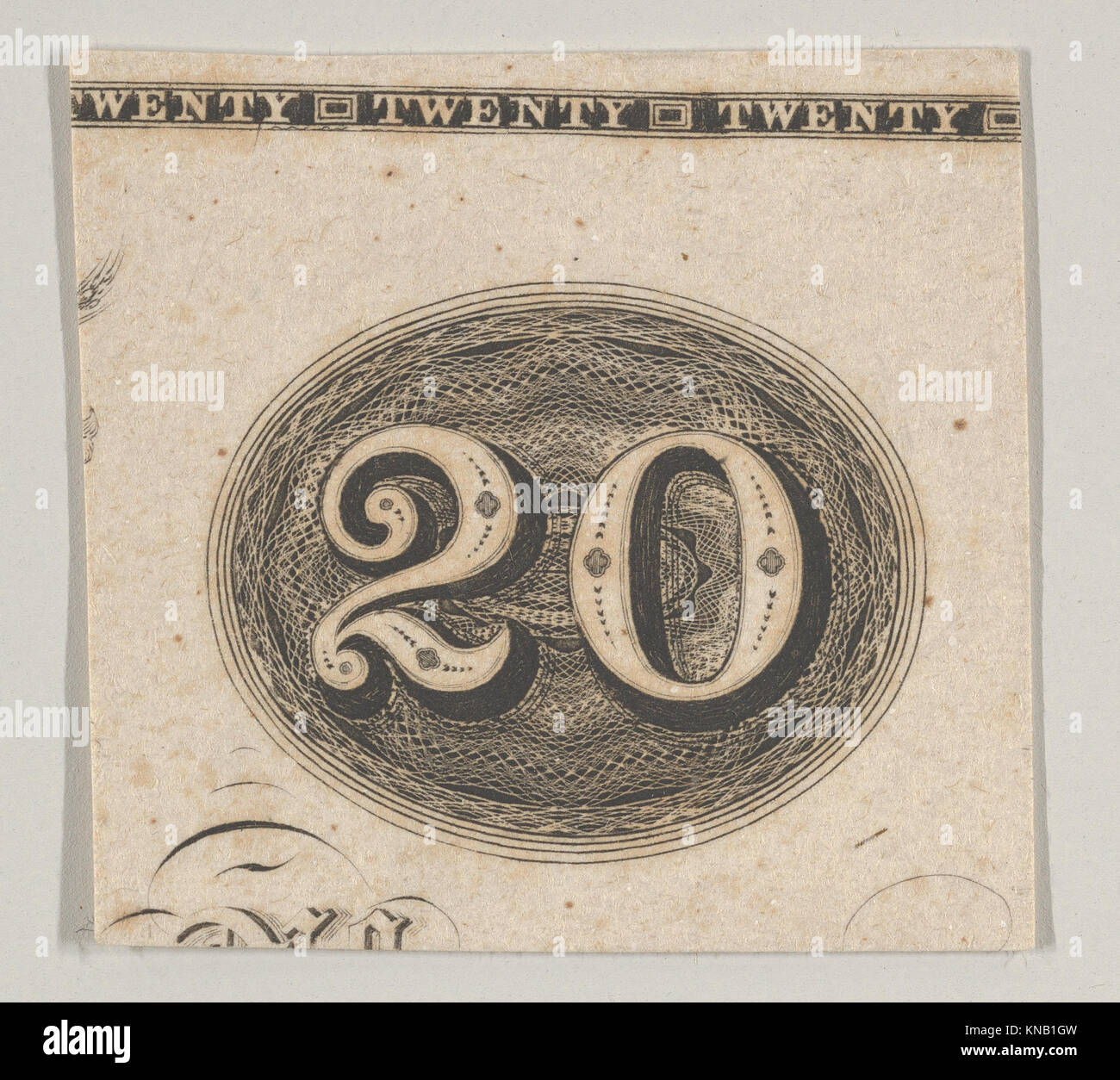 Banknote motif- the number 20 against an ornamental lathe work oval ...