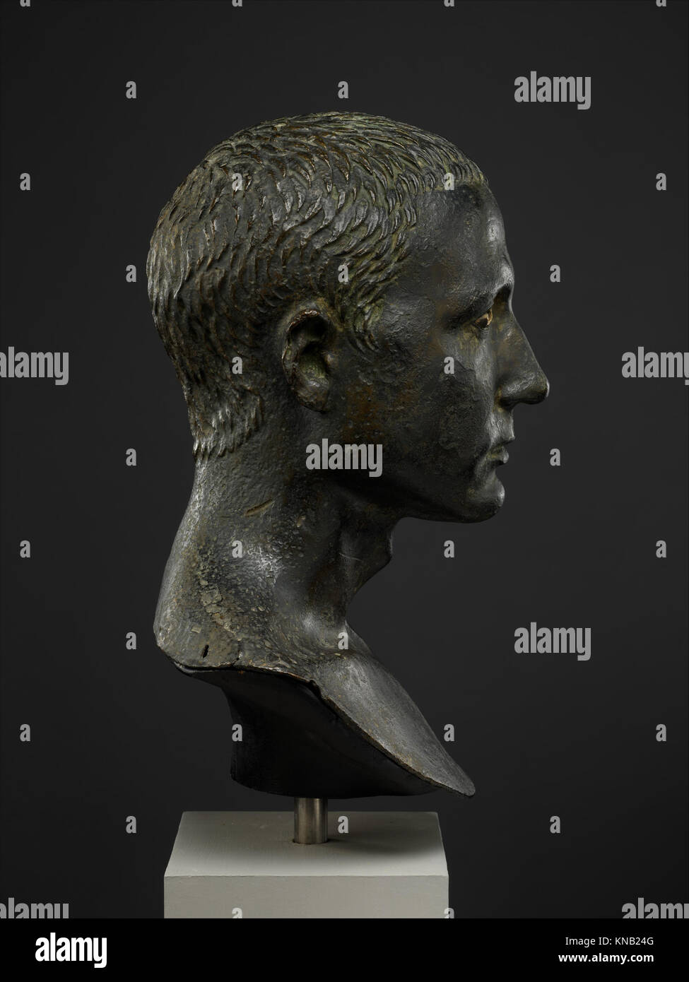 This bronze bust depicts a man from the classical period, highlighting ...