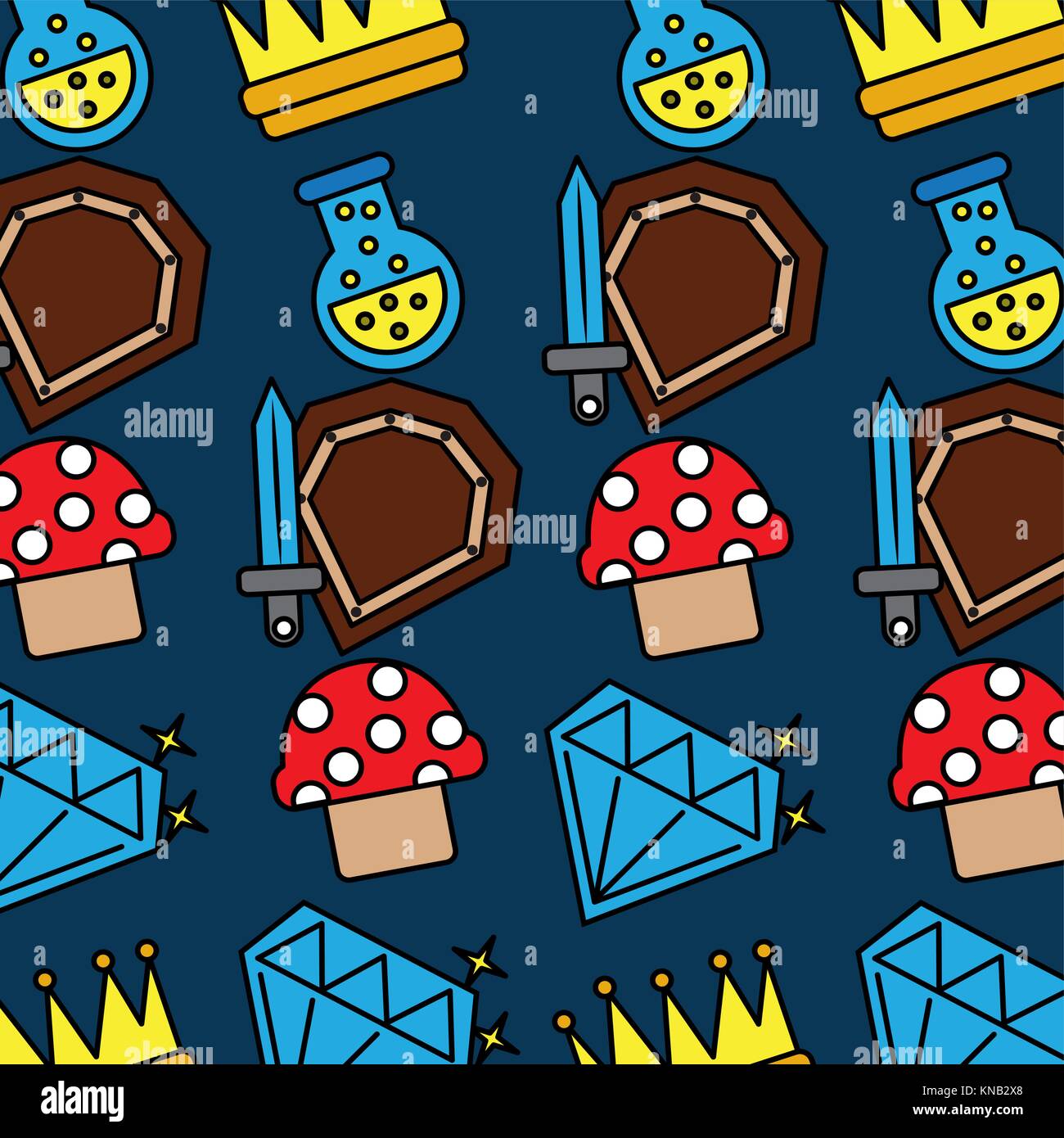sword shield mushroom crown potion video game pattern Stock Vector ...