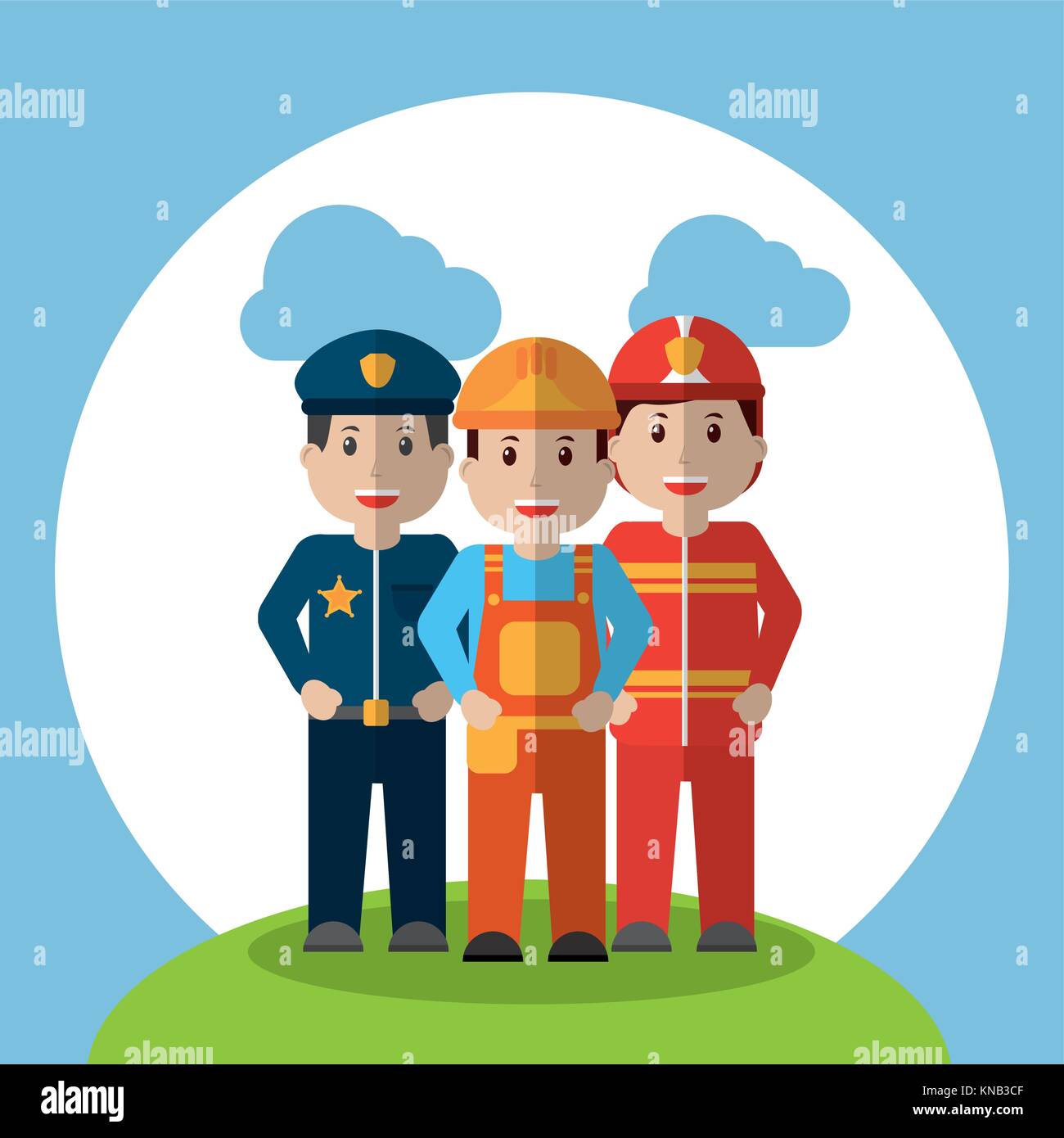 men workers - policeman fireman and foreman construction standing in ...