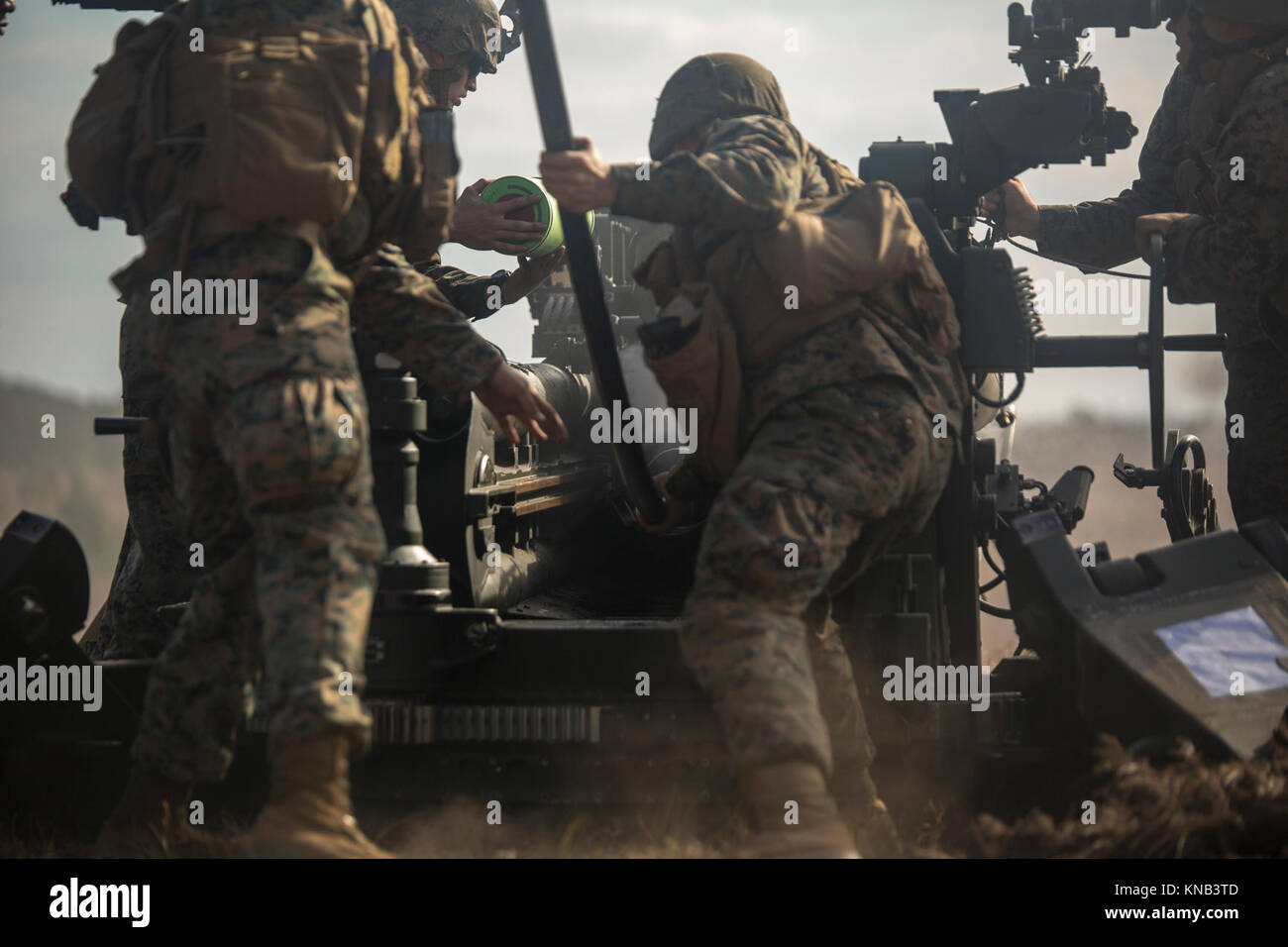 Marines load an artillery round into an M777 A2 howitzer during a ...