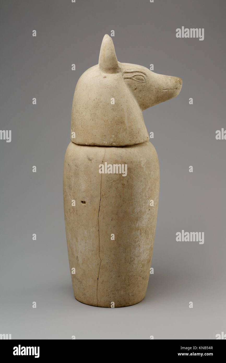 This canopic jar features the head of Duamutef, a jackal-headed deity ...