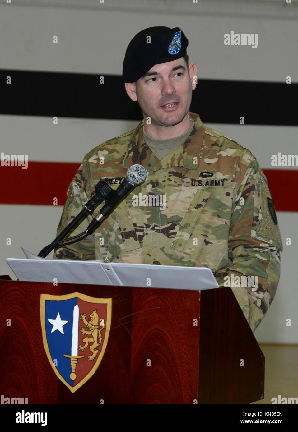 Col. Jason G. Riley, Commander, USANATO Bde., delivers remarks during a ...