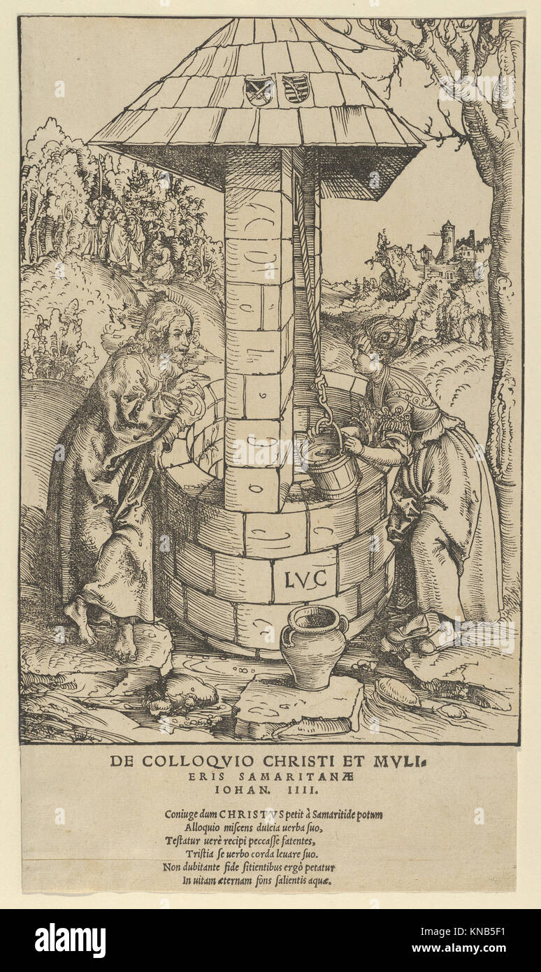 The artwork depicts Christ speaking with the Woman of Samaria at a well ...