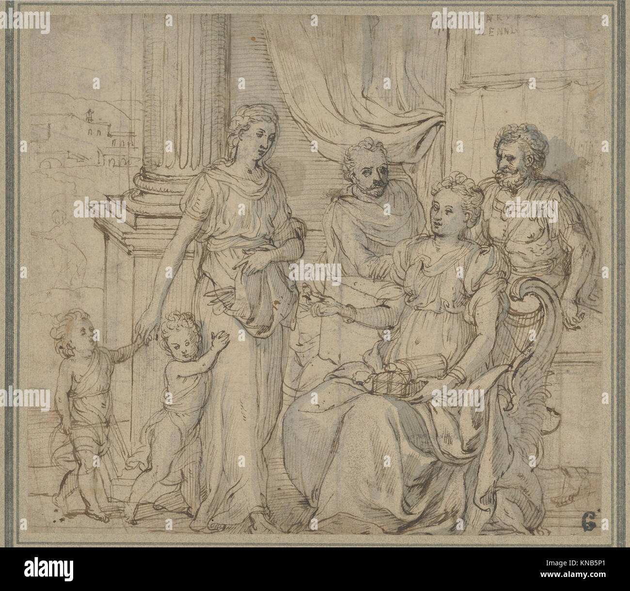 This artwork depicts Cornelia, Mother of the Gracchi, pointing to her ...