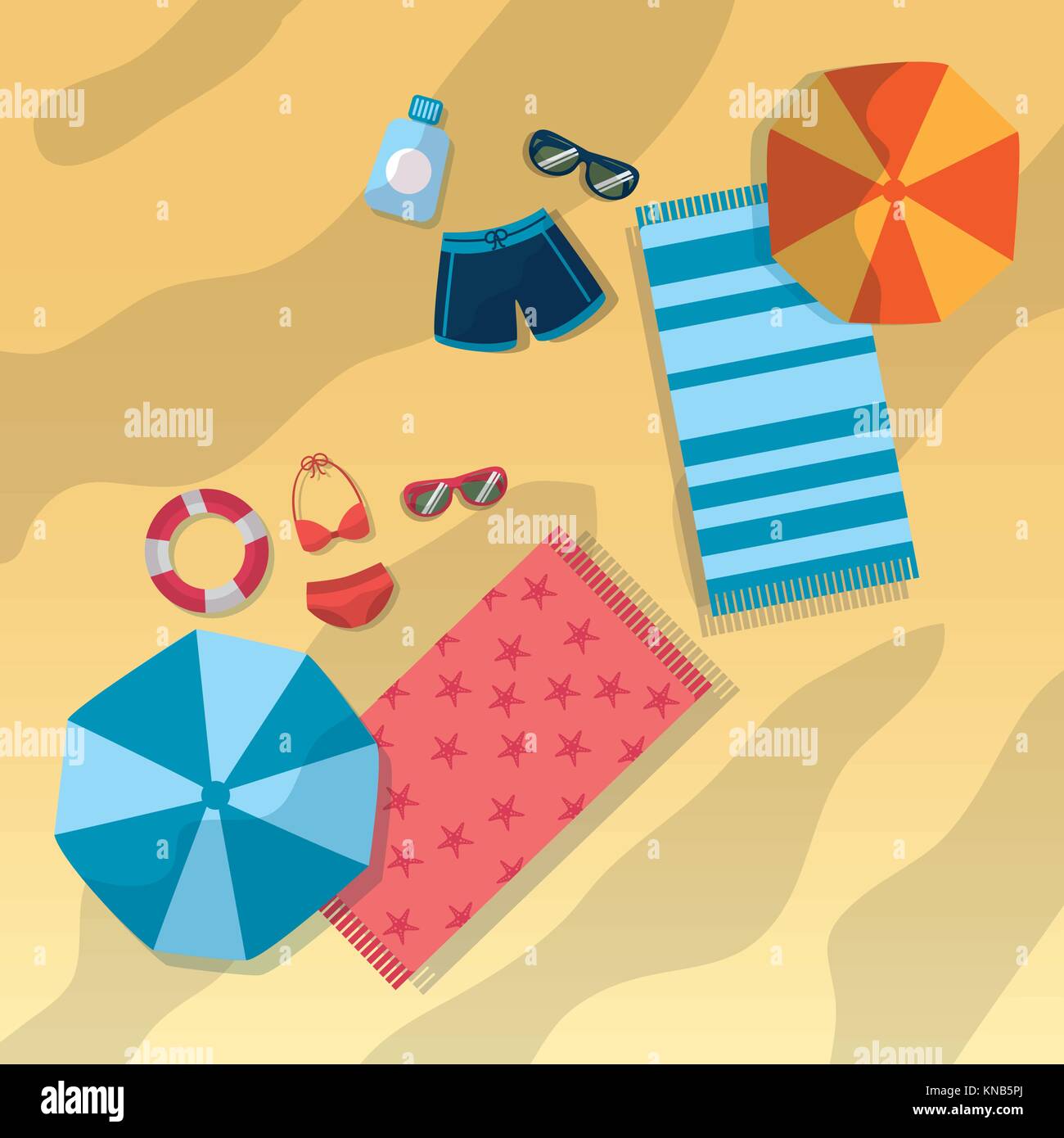 top view beach with swimsuits umbrella sunglasses towels and bottle ...