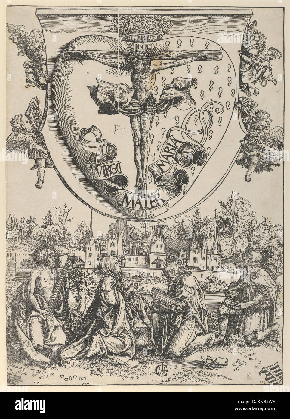 This artwork depicts four saints adoring Christ on the Sacred Heart ...