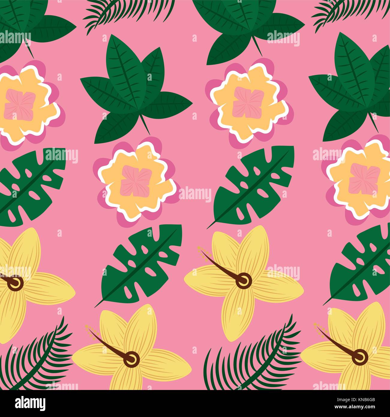 exotic flower hibiscus palm leaves tropical seamless pattern Stock ...