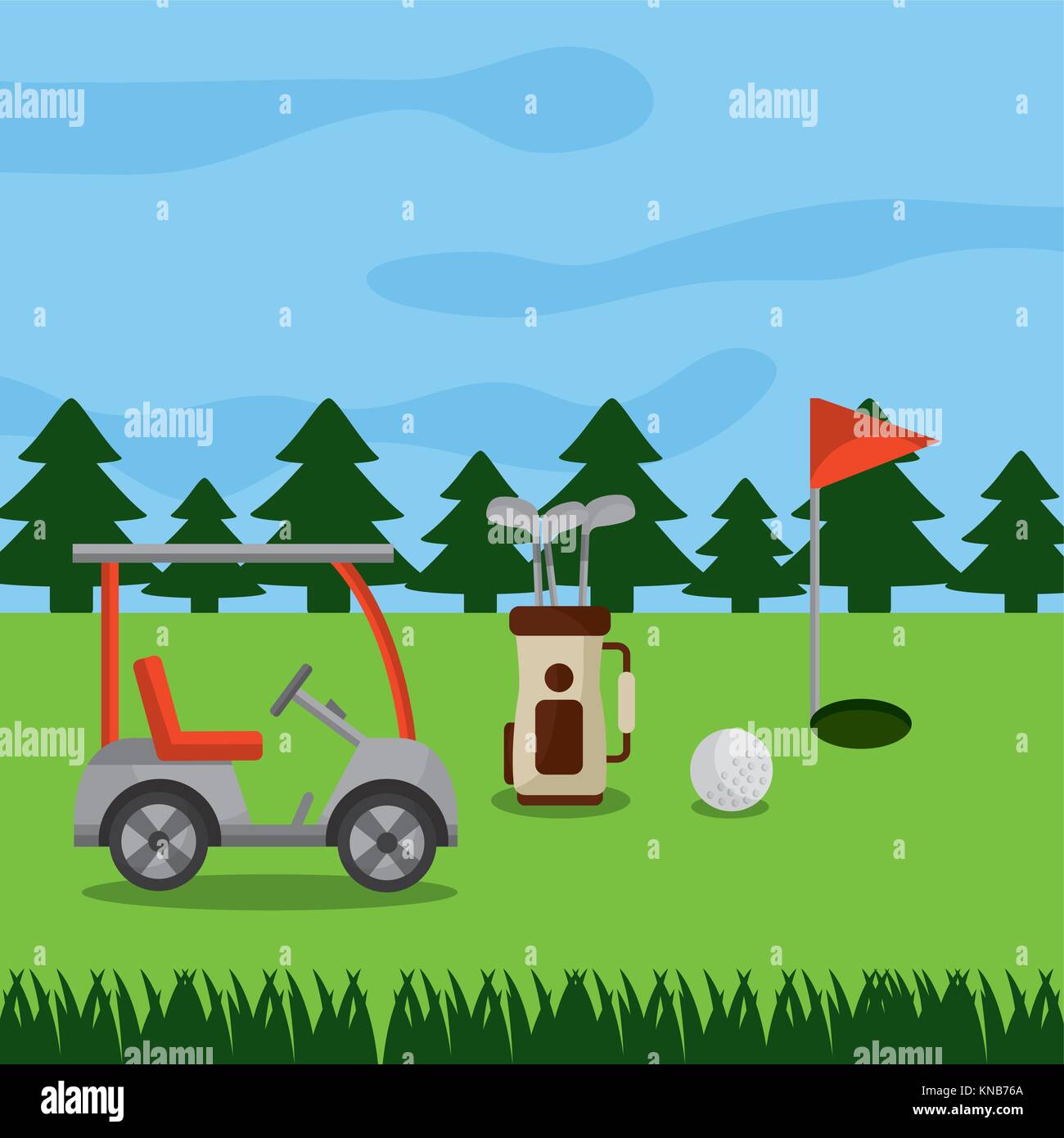 Golf Course Car Sport Bag Clubs Ball Hole Flag Pine Trees Stock Vector