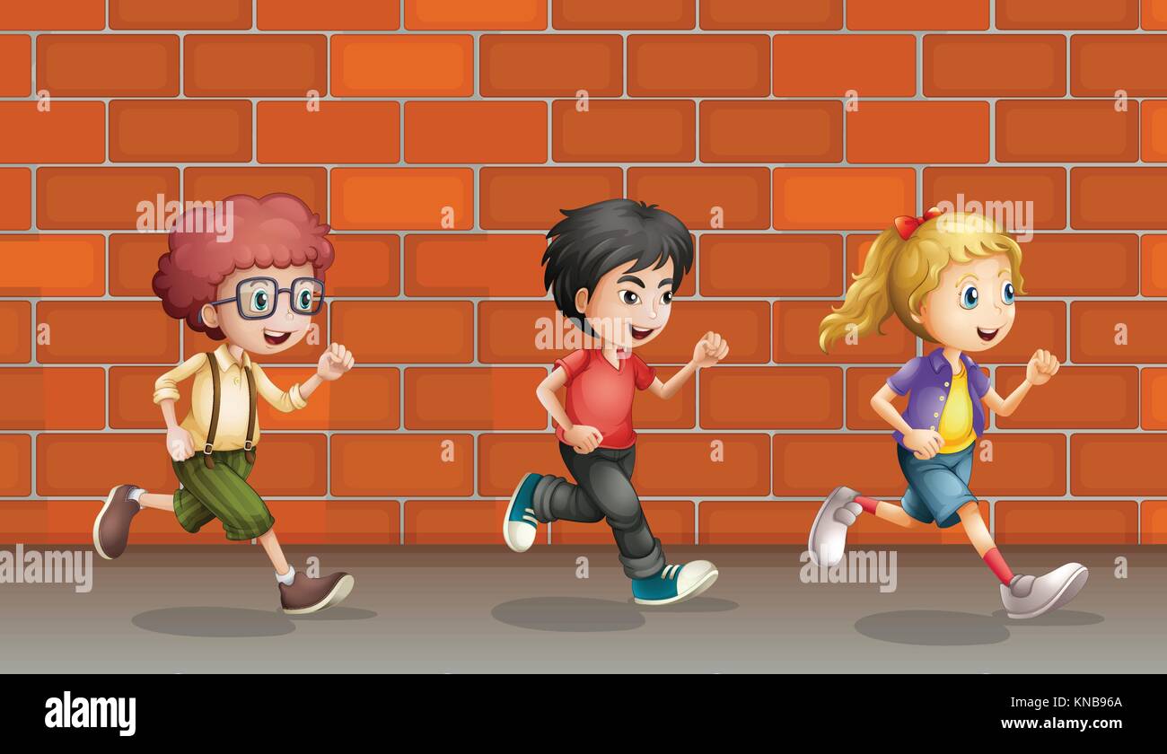Illustration of two boys and a girl running in front of wall Stock ...
