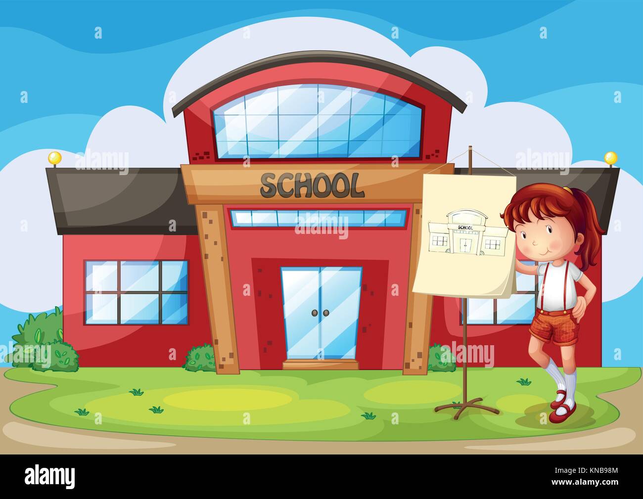 Illustration of a smiling girl standing in front of a school Stock ...