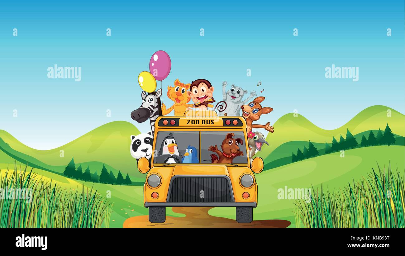 illustration of various animals and zoo bus in a beautiful nature Stock ...
