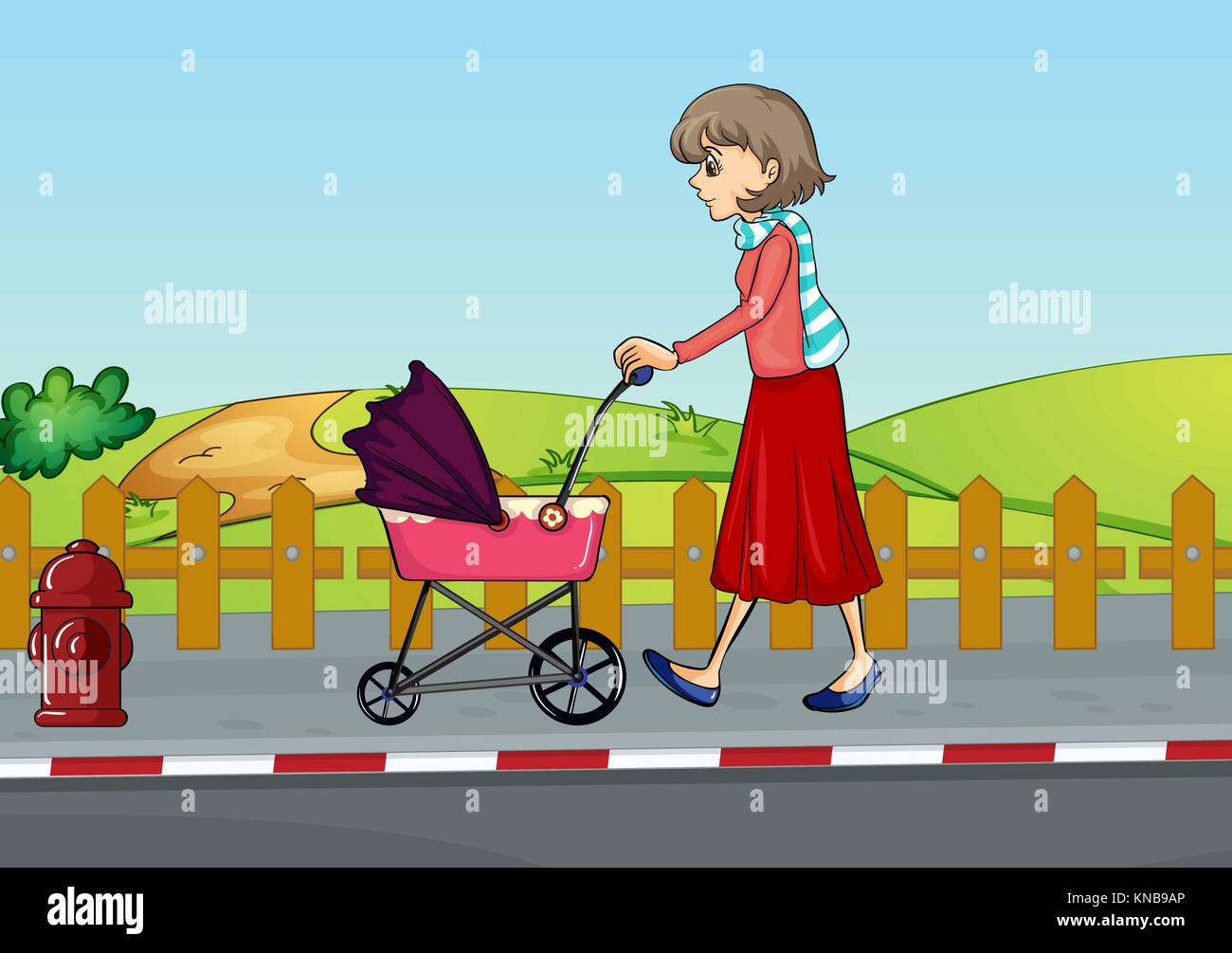 Illustration of a woman and baby pram in a beautiful nature Stock ...