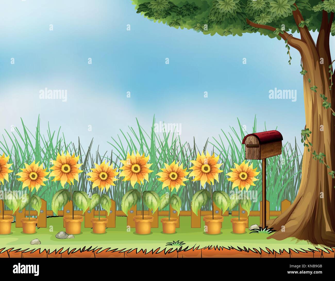 Illustration of a letter box and flower pot in a garden Stock Vector ...