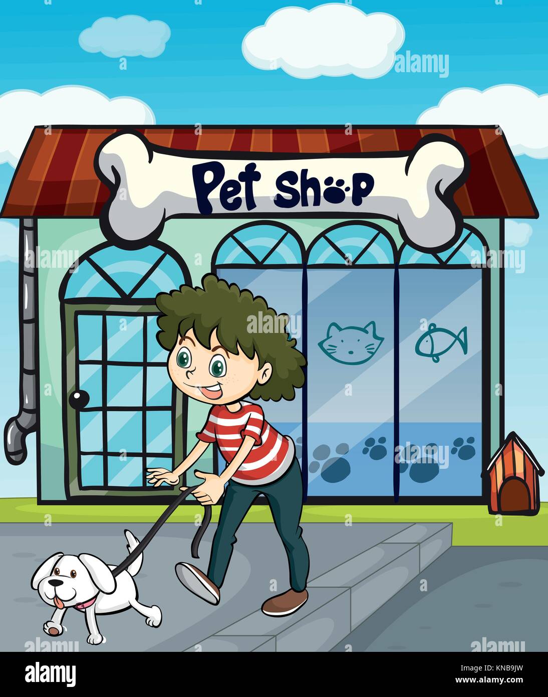 Illustration of a smiling girl with dog and a pet shop Stock Vector ...